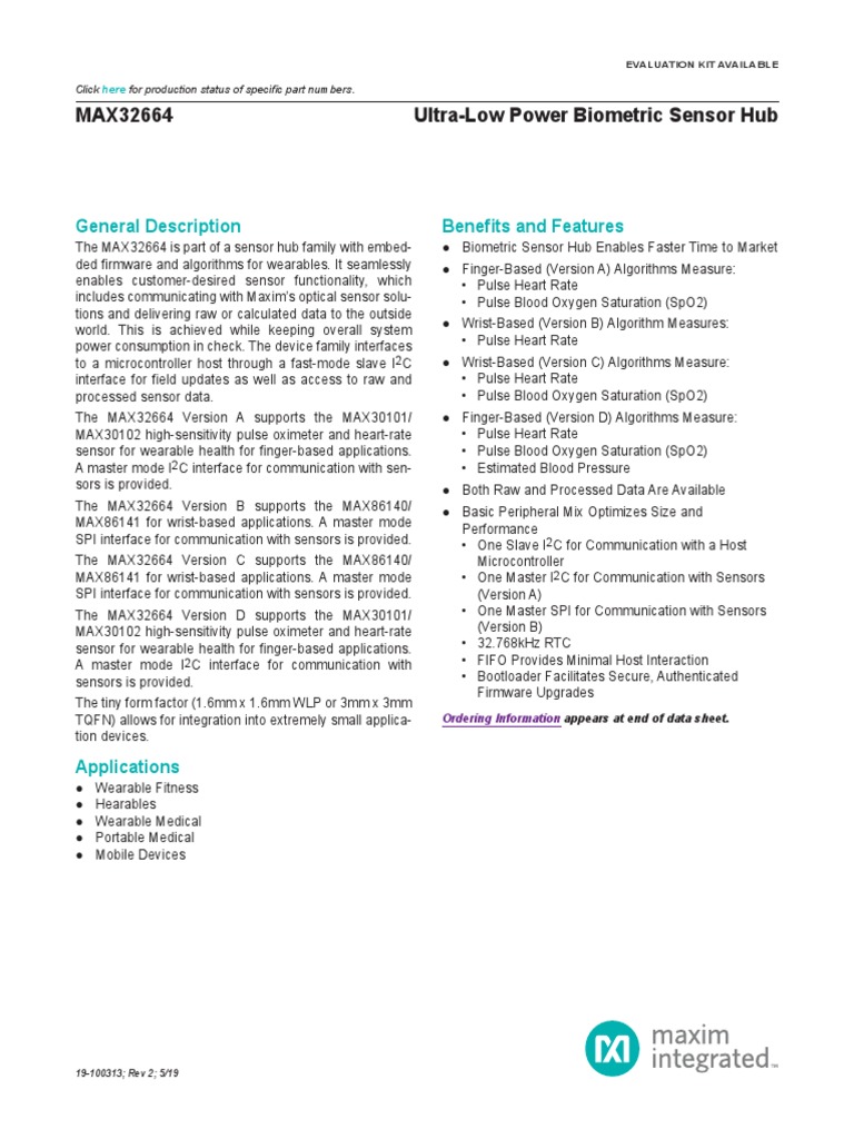 MAX32664 Ultra-Low Power Biometric Sensor Hub: General Description Benefits and Features | PDF ...