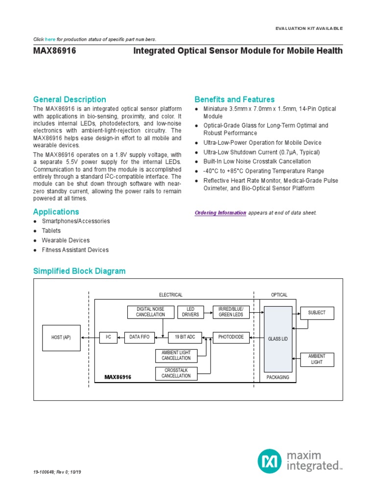 MAX86916 Integrated Optical Sensor Module For Mobile Health: General ...
