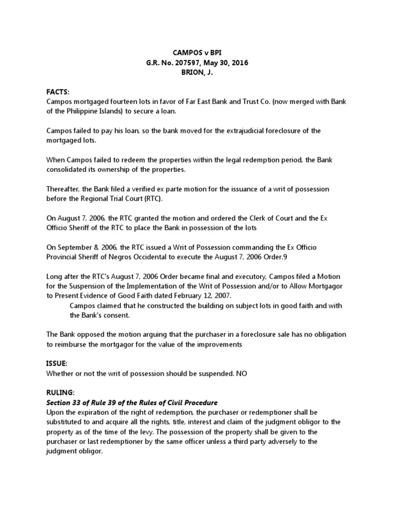 Campos v BPI: Writ of Possession Ruling | PDF | Mortgage Law | Foreclosure