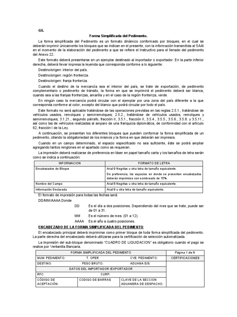 G5. Forma Simplificada Del Pedimento.: Página 1 de N | PDF | Código de ...