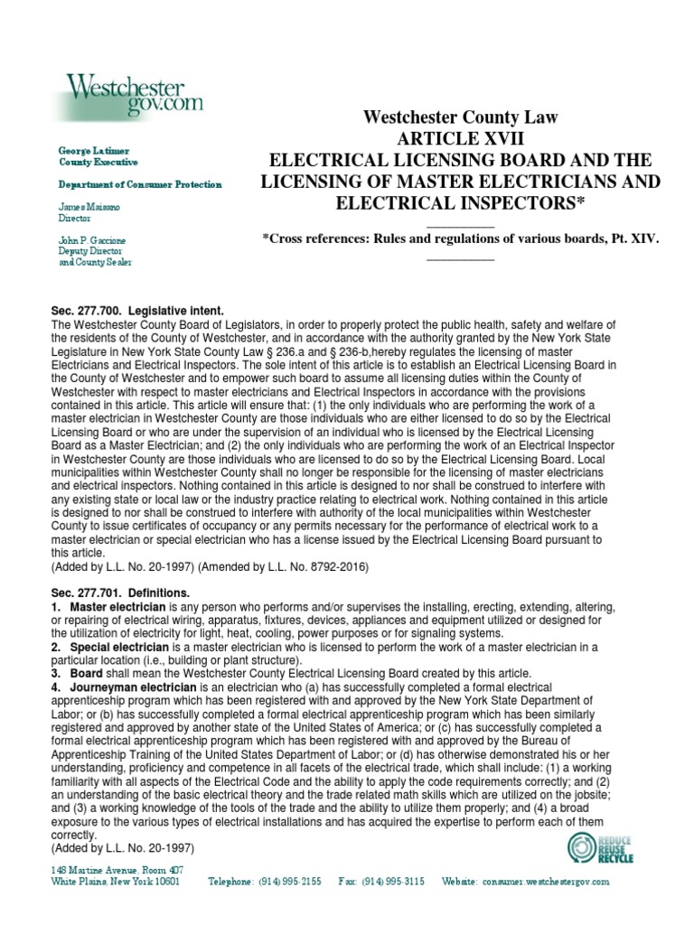 Westchester Electrical Licensing Regulations | PDF | Electrician | License