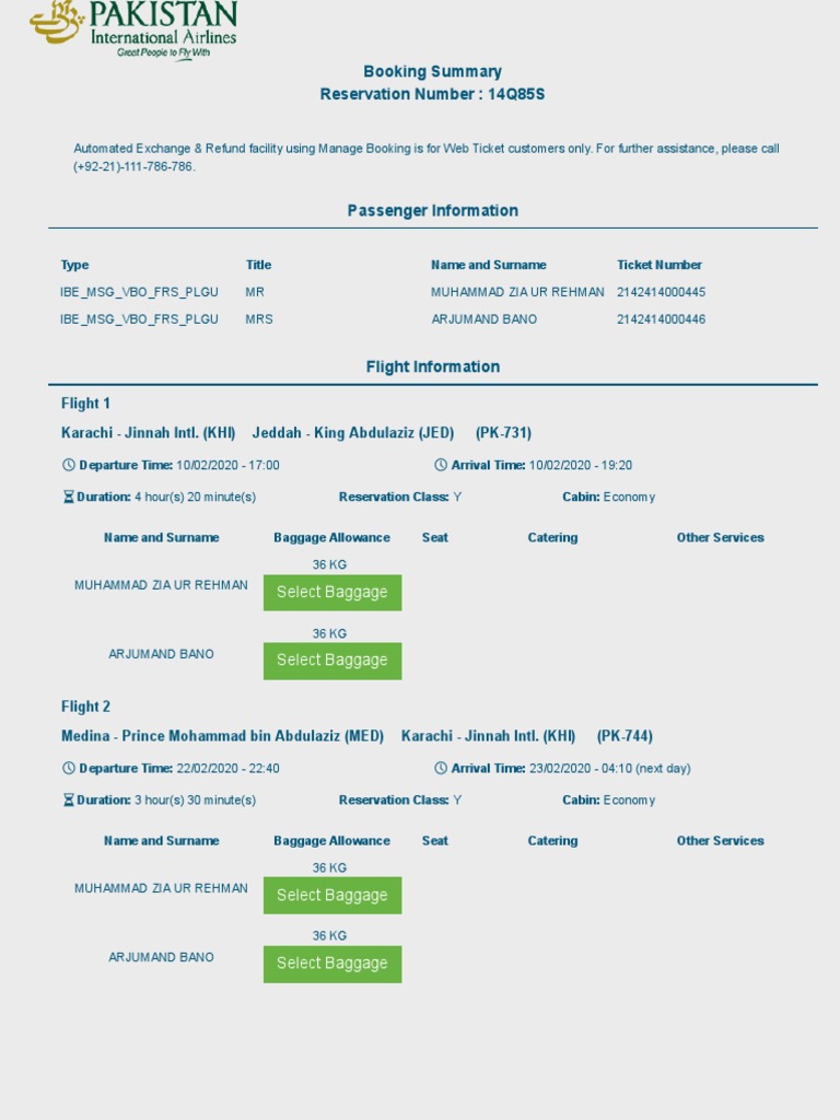 Booking Summary Reservation Number: 14Q85S | PDF