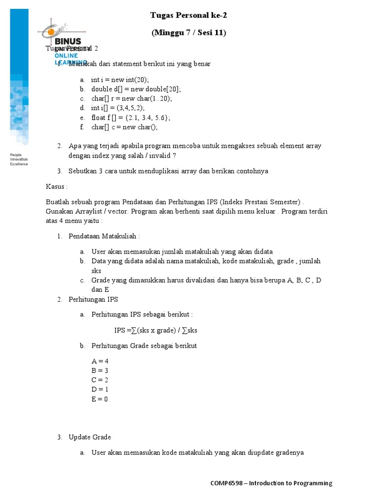 Tugas Personal Ke-2 (Minggu 7 / Sesi 11) : COMP6598 - Introduction To Programming | PDF