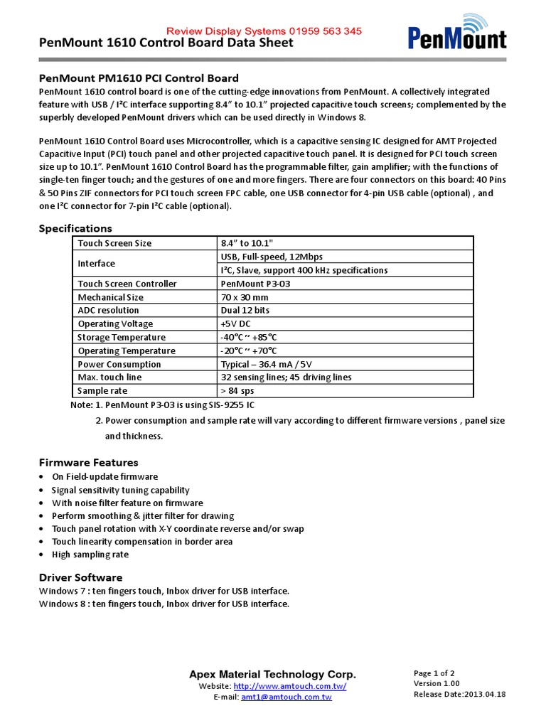 PenMount 1610 Control Board Data Sheet V1.00 | PDF | Touchscreen | Usb