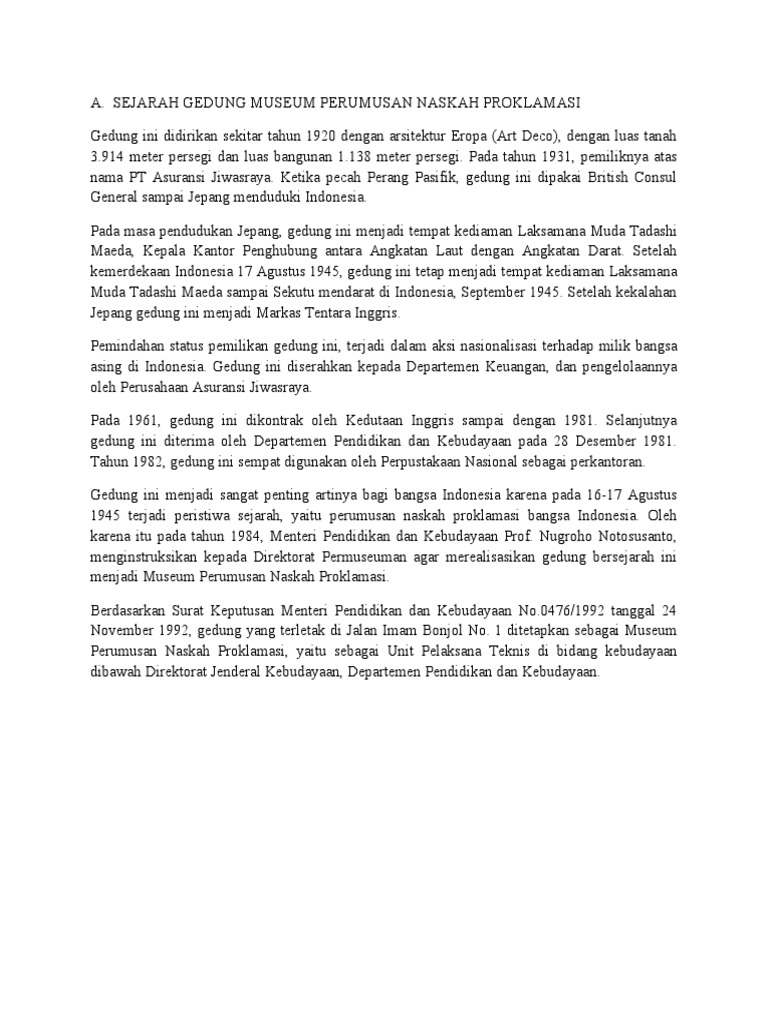 Sejarah Gedung Museum Perumusan Naskah Proklamasi | PDF