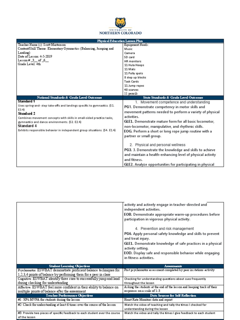 4th Grade Gymnastics Lesson Plan | PDF | Gymnastics | Physical Education