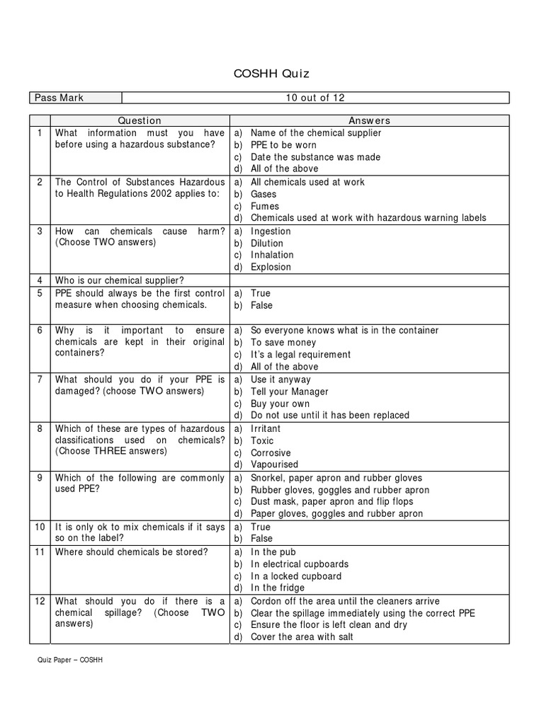 Coshh Quiz: Pass Mark 10 Out of 12 Answers | PDF | Personal Protective ...