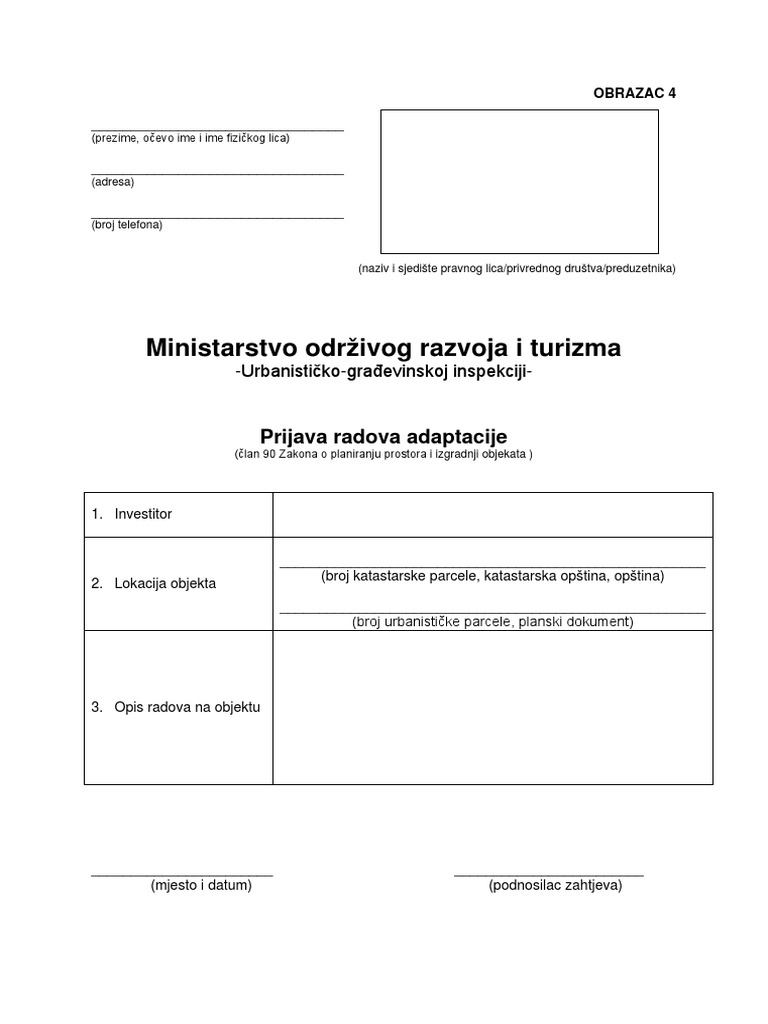 Prijava Radova Adaptacije - Obrazac 4 PDF | PDF