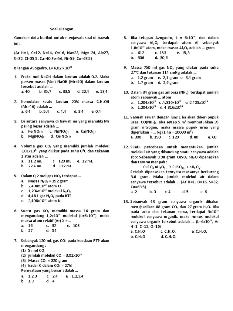 Latihan Konsep Mol | PDF | Teknologi & Rekayasa