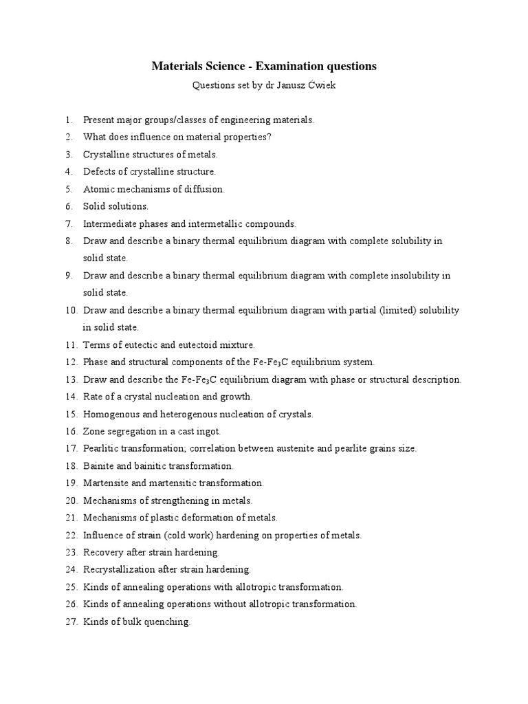 Materials Science - Examination Questions | PDF | Alloy | Steel