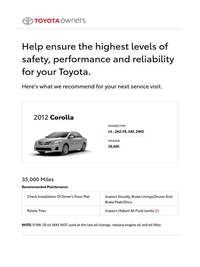 2012 Toyota Corolla Maintenance Guide | PDF