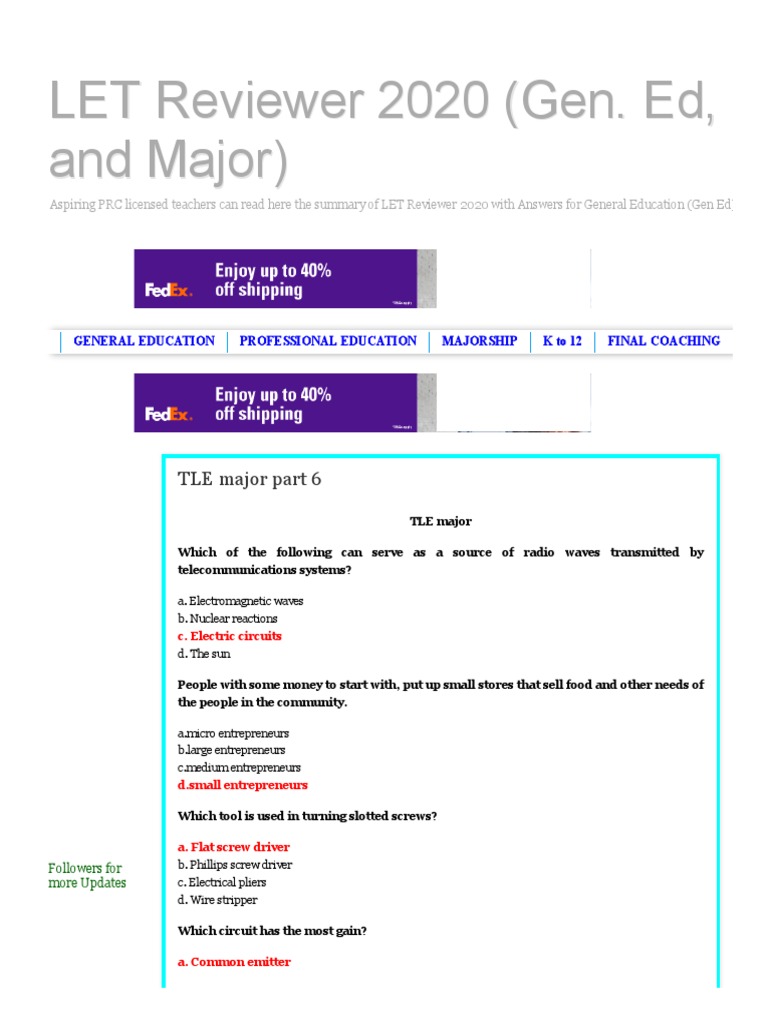 LET Reviewer 2020 (Gen. Ed, Prof. Ed. and Major) - TLE Major Part 6 PDF ...