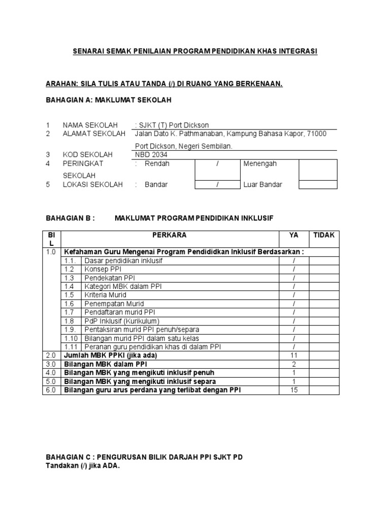Senarai Semak Penilaian Program Pendidikan Inklusif | PDF