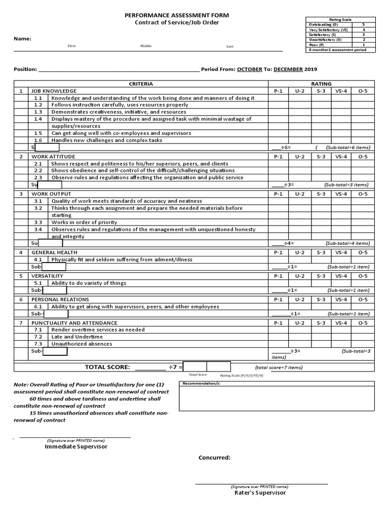 Contract of Service/Job Order: Performance Assessment Form | PDF ...