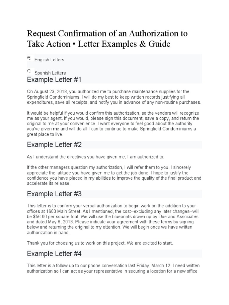 Request Confirmation of An Authorization To Take Action - Letter ...