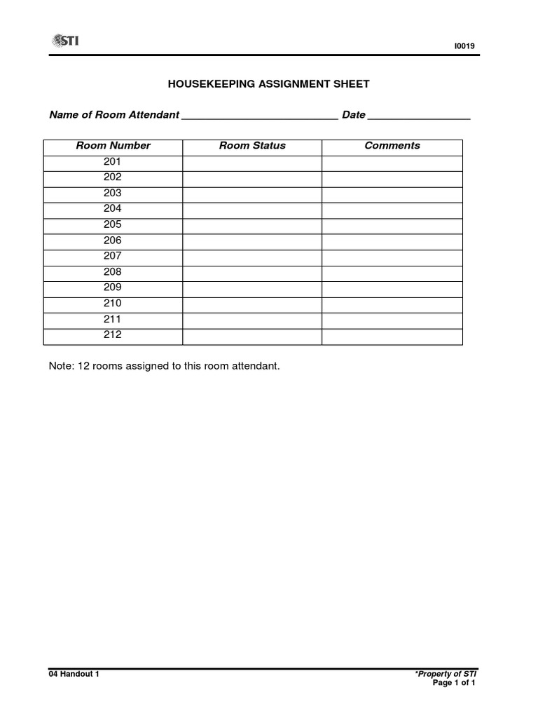 Housekeeping assignment sheet for 12 rooms | PDF