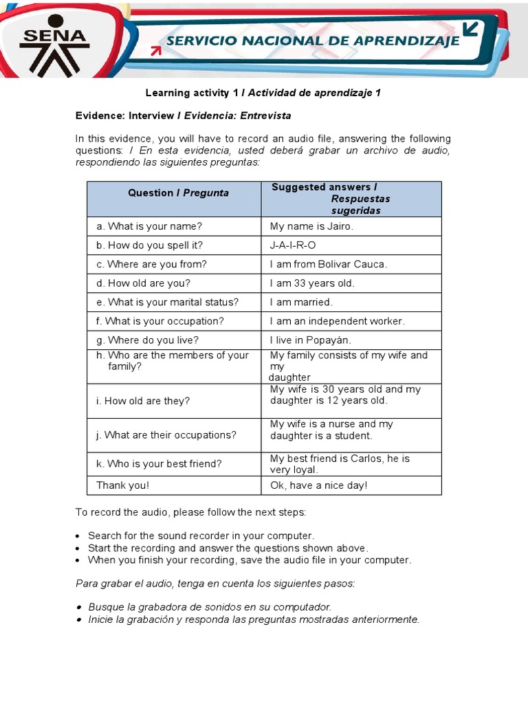 Learning Activity 1 / Actividad de Aprendizaje 1 Evidence: Interview ...