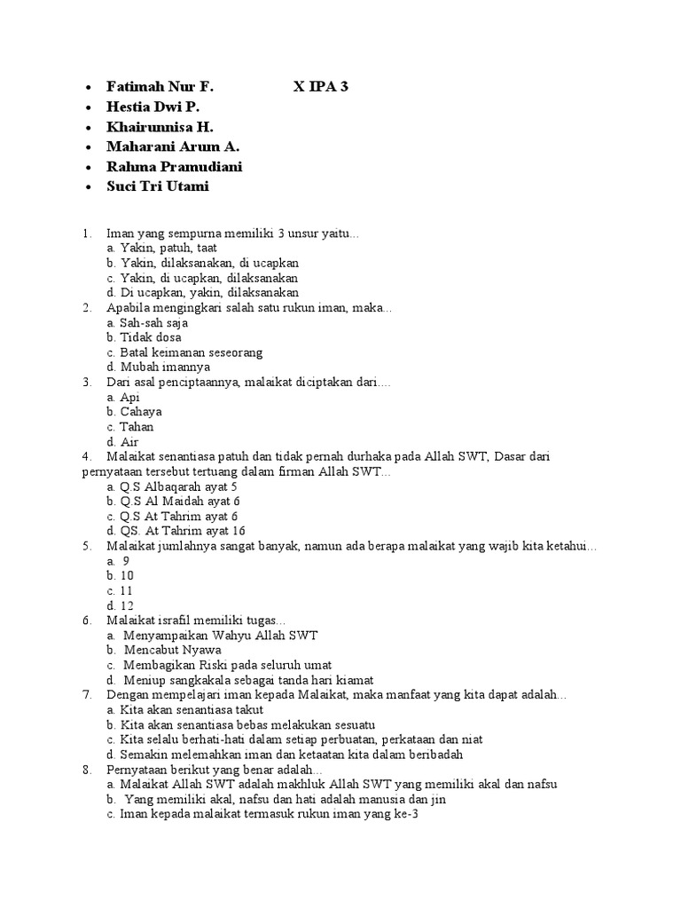 Agama X Soal Iman Kepada Malaikat | PDF