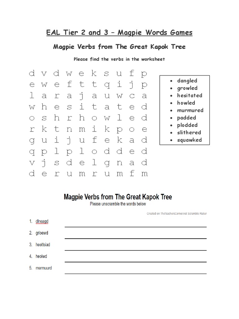 Magpie Verbs Activity Sheet | PDF
