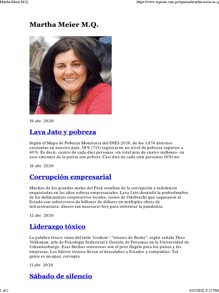 Opinion 19 04 2020 Martha Meier M.Q | PDF | Salud y bienestar | Medicina