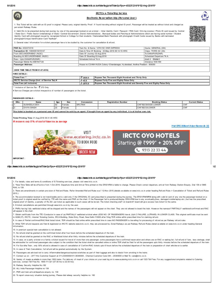 Irctcs E Ticketing Service Electronic Reservation Slip (Personal User) | PDF | Identity Document ...