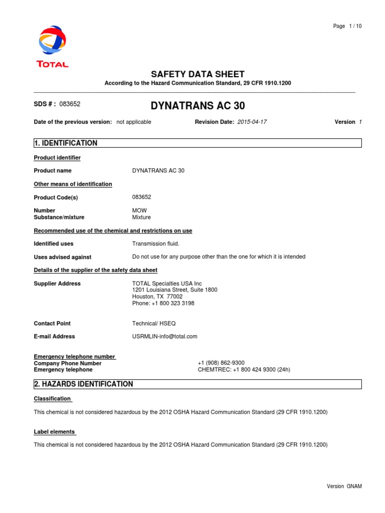 Dynatrans Ac 30: Safety Data Sheet | PDF | Personal Protective ...