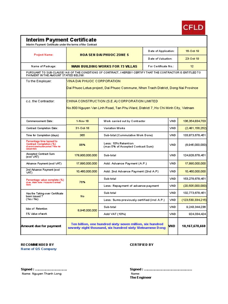 Interim Payment Certificate 12 Summary: Main Building Works for 73 ...