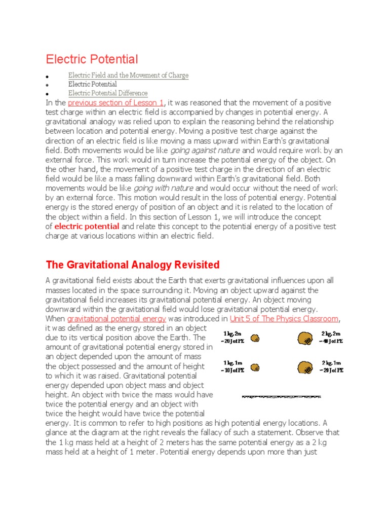 Electric Potential The Gravitational Analogy Revisited Pdf