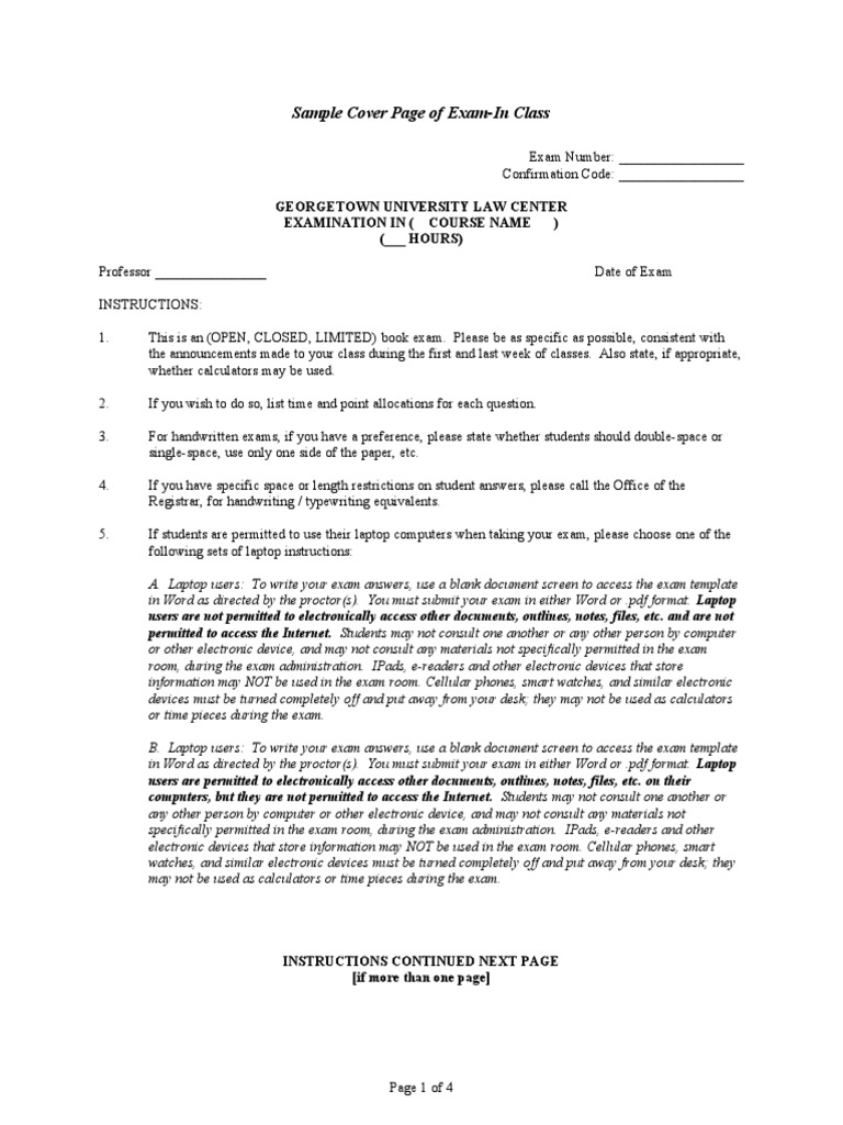 Sample Cover Page of Exam-In Class: Georgetown University Law Center ...