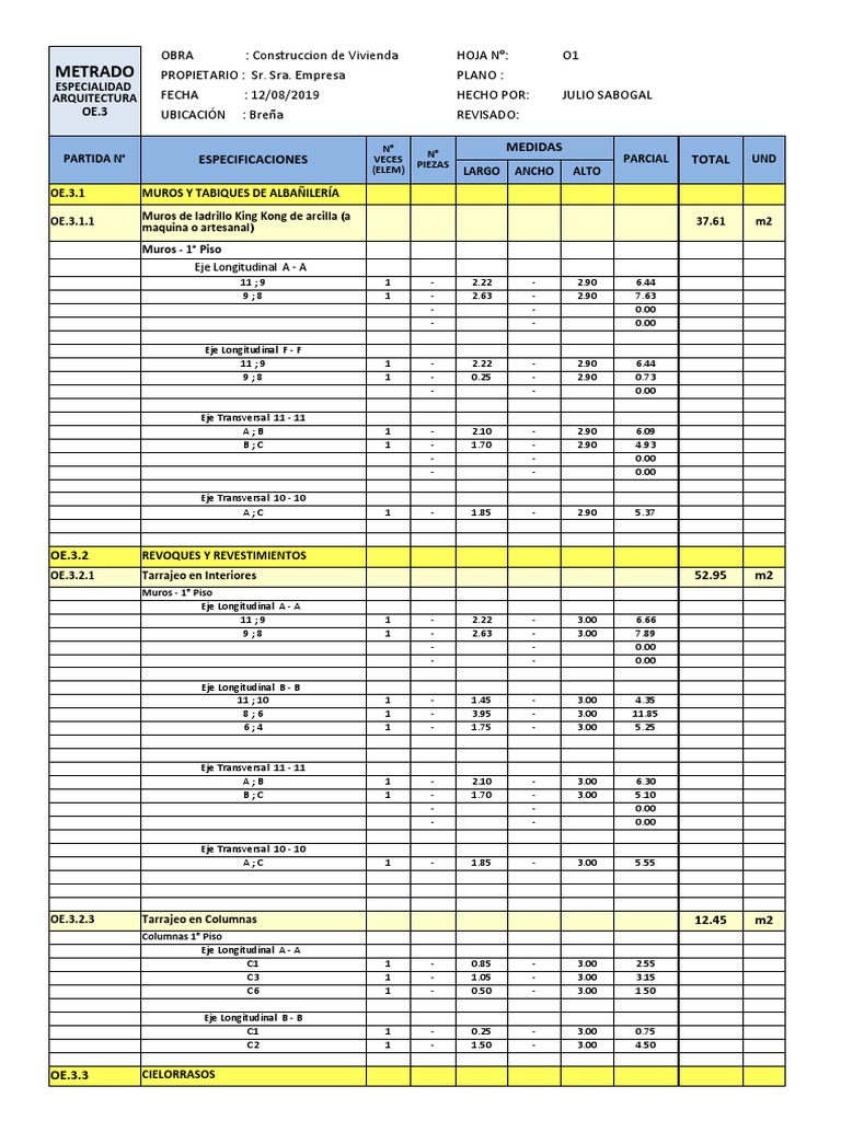 Proc. Const. 2 - Planilla Metrados - Cibertec 2020 | Descargar gratis PDF | Materiales de ...