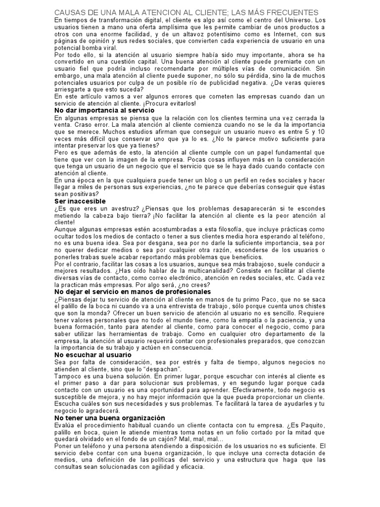 Causas de Una Mala Atencion Al Cliente | Descargar gratis PDF ...