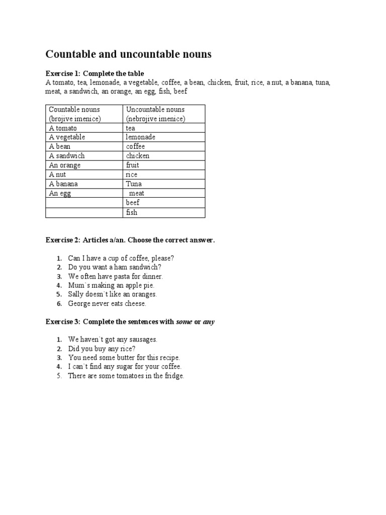 Countable and Uncountable Nouns Homework