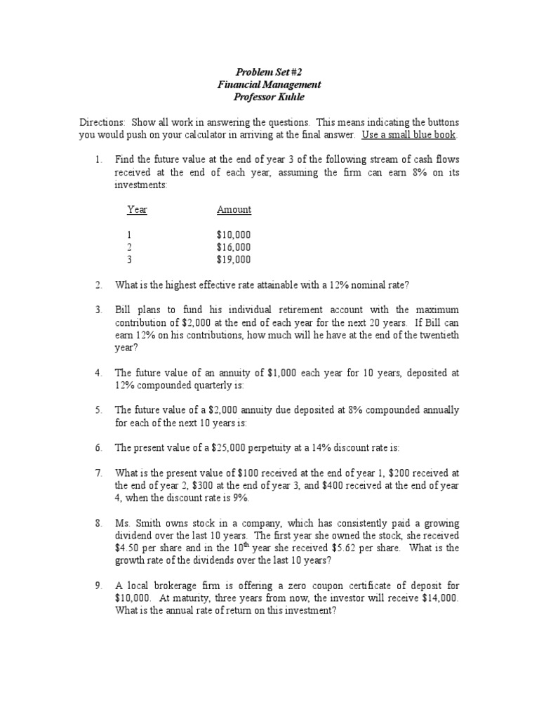 Problem Set #2 Financial Management Professor Kuhle | PDF | Present ...