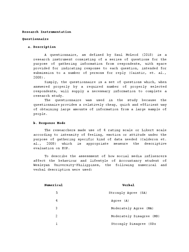 Research Instrumentation Questionnaire A. Description | PDF | Career ...