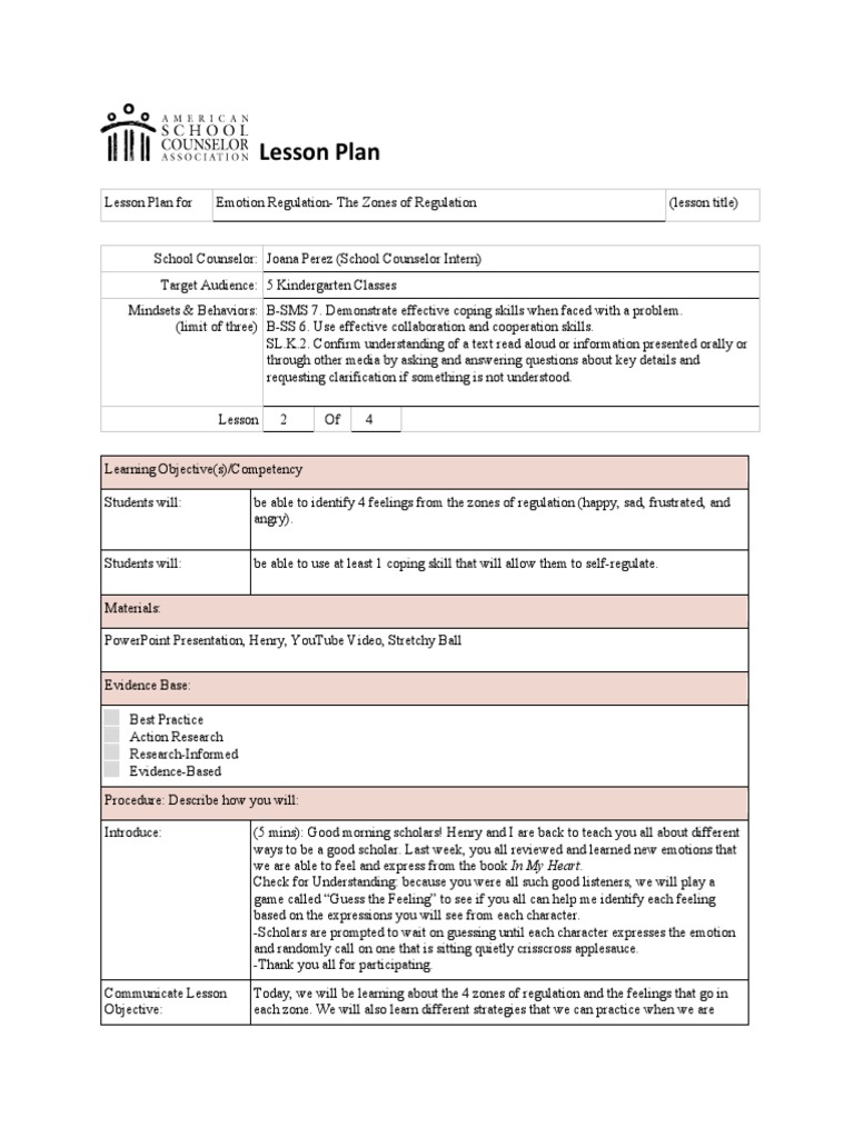 Emotion Regulation Lesson Plan for K-5 | PDF | Lesson Plan | Evidence ...