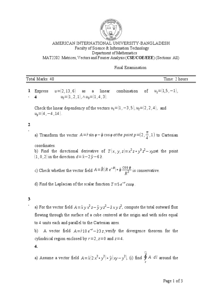 Faculty of Science & Information Technology Department of Mathematics MAT2202: Matrices, Vectors ...