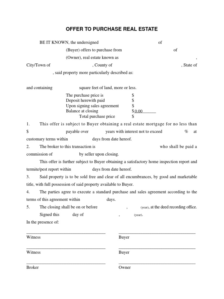 Real Estate Purchase Offer Form PDF | PDF | Real Estate Broker ...