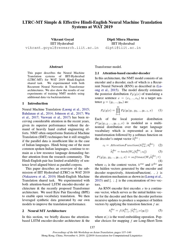 LTRC-MT Simple & Effective Hindi-English Neural Machine Translation ...