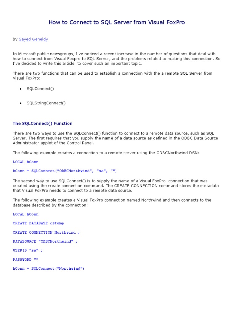How To Connect To SQL Server From Visual FoxPro | PDF | Microsoft Sql Server | Databases