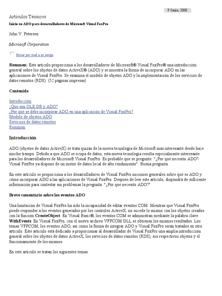 Inicio en ADO para Desarrolladores de Microsoft Visual FoxPro | PDF | Active X Data Objects ...