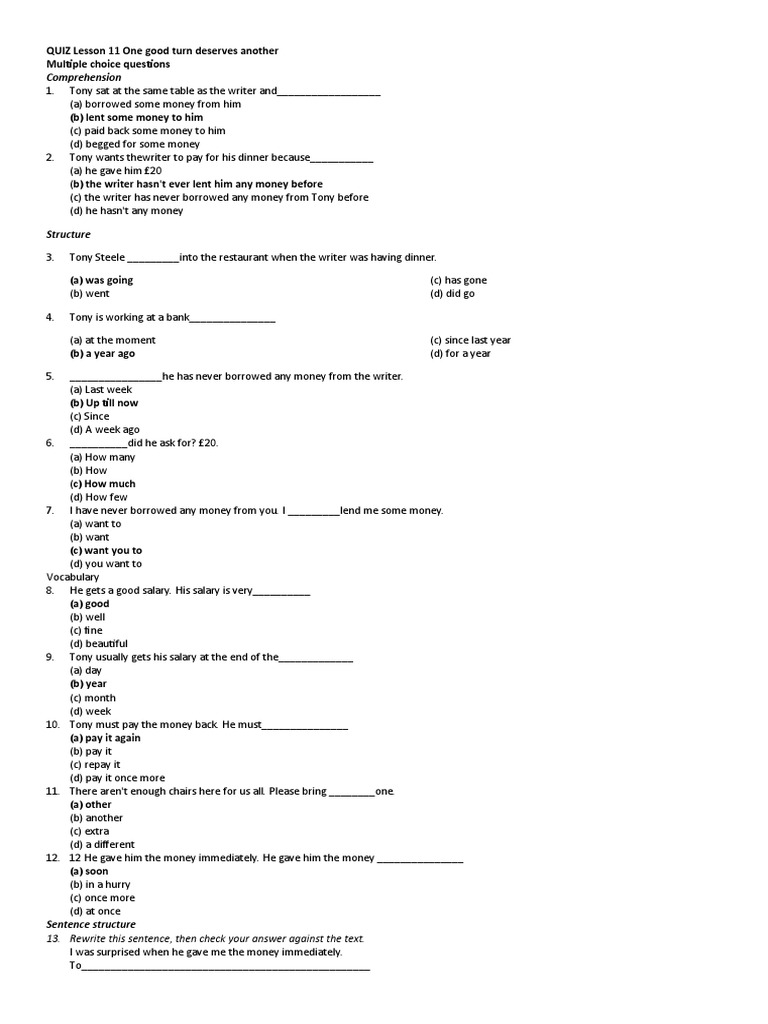 QUIZ Lesson 11 One Good Turn Deserves Another | PDF