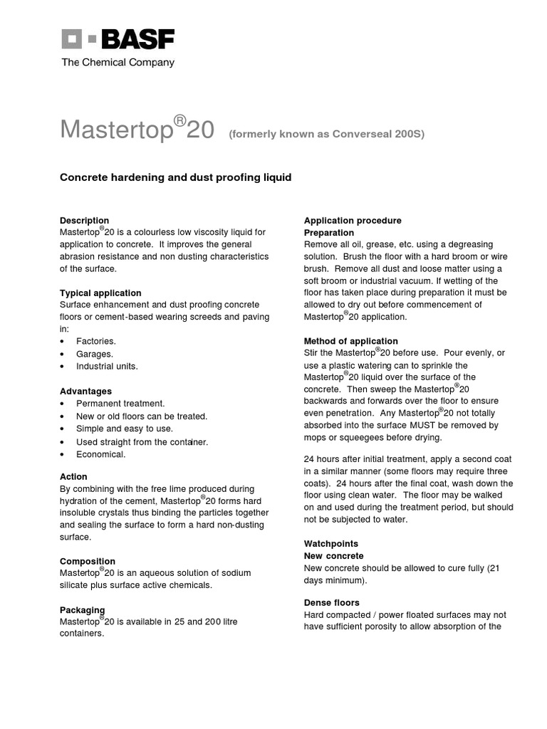Mastertop 20: Concrete Hardening and Dust Proofing Liquid | PDF ...