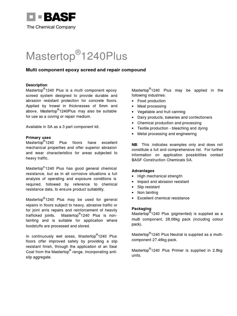 Mastertop 1240 Plus PDF | PDF | Concrete | Chemical Substances