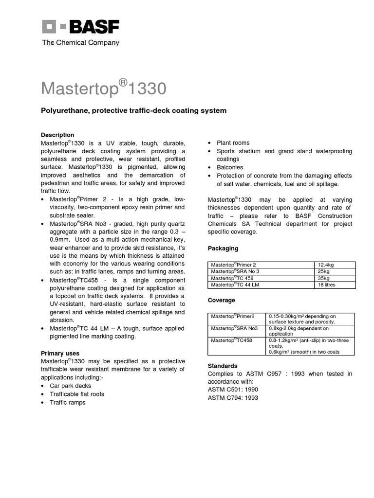 Mastertop 1330: Polyurethane, Protective Traffic-Deck Coating System ...