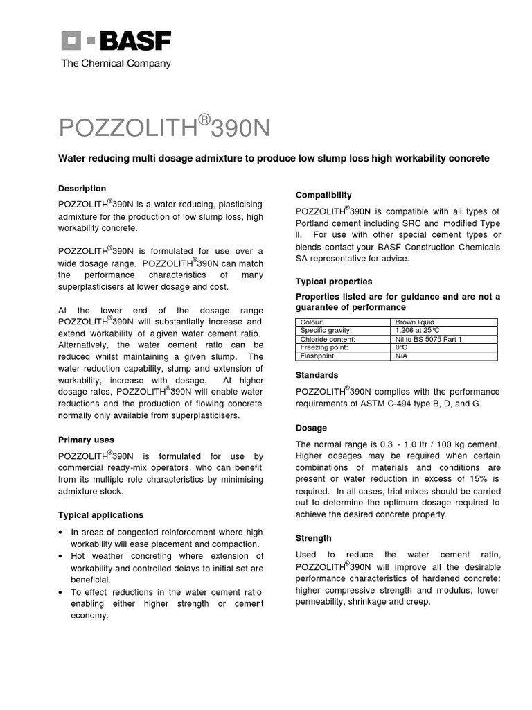 Pozzolith 390N PDF | PDF | Concrete | Cement