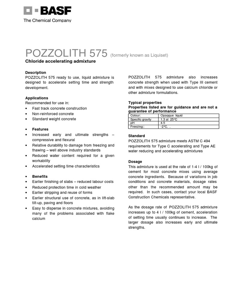 Pozzolith 575: Chloride Accelerating Admixture | PDF | Concrete | Cement