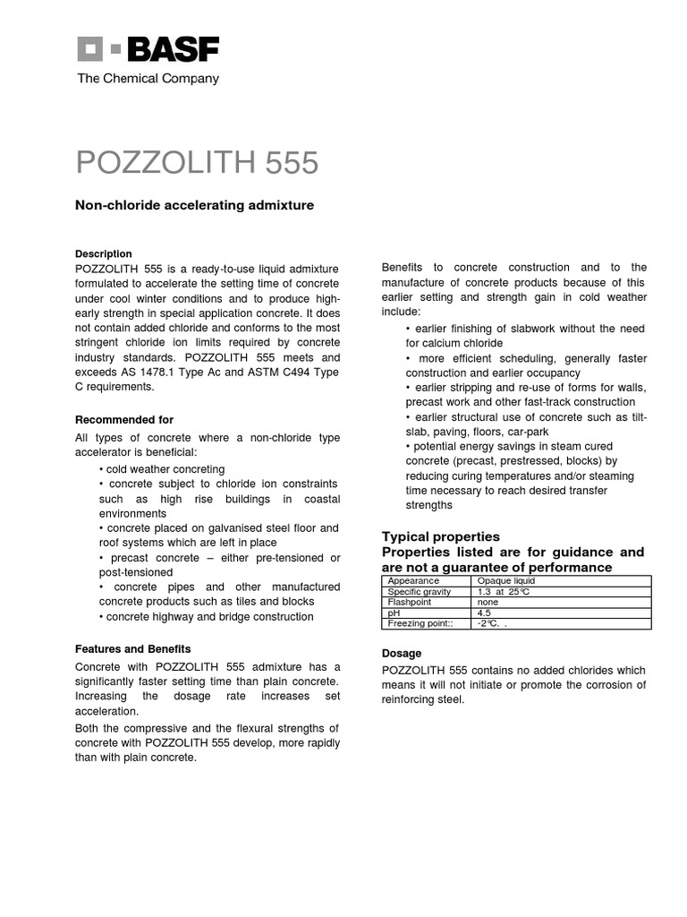 Pozzolith 555: Non-Chloride Accelerating Admixture | Download Free PDF ...