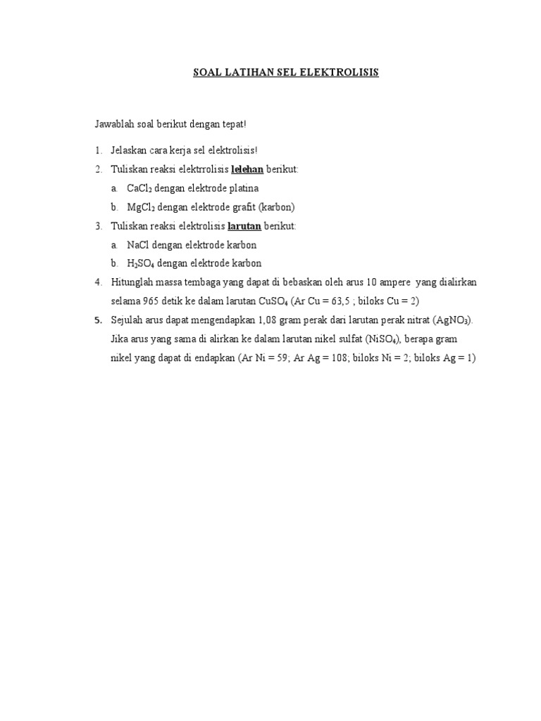 Soal Latihan Sel Elektrolisis | PDF