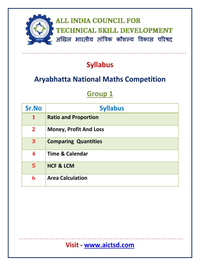 Aryabhatta National Maths Competition: Syllabus | PDF
