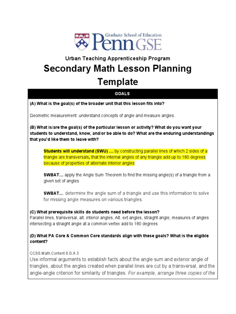 Triangle Angle Sum Theorem Lesson Plan 11 12 | PDF | Triangle | Angle